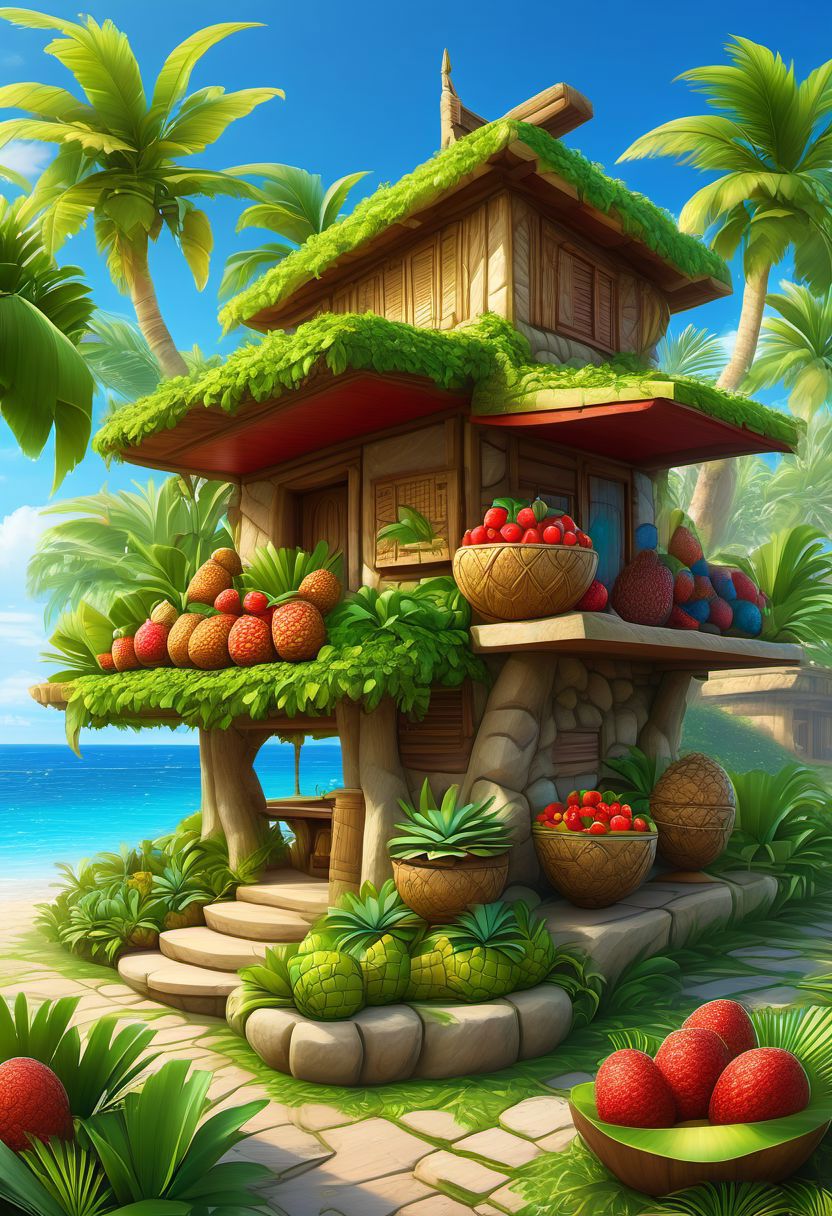 A small hut with fruit and vegetables on the beach - SeaArt AI