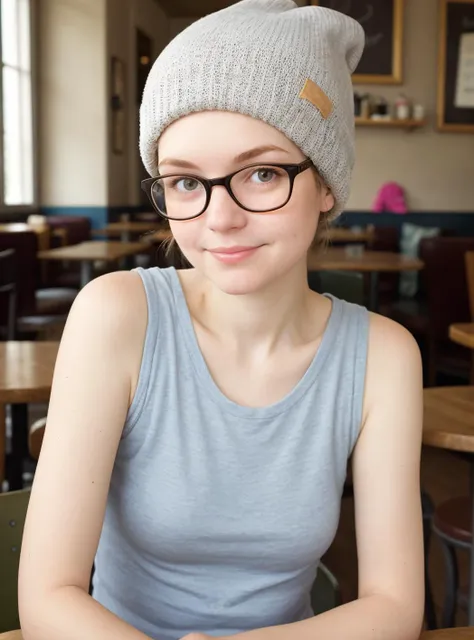 Arafed woman wearing glasses and a beanie sitting at a table - SeaArt AI