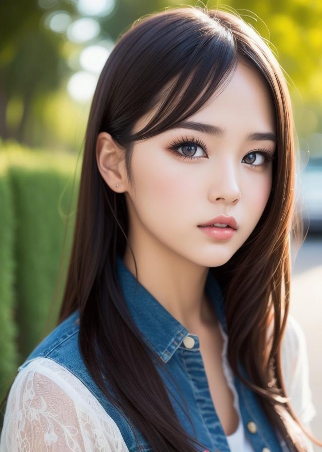 A woman with long hair and a denim shirt posing for a picture - SeaArt AI