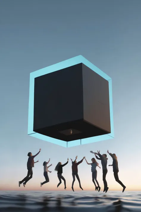 A group of people jumping in the air with a cube in the air - SeaArt AI