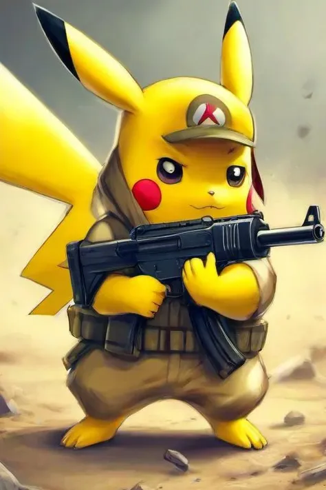 A cartoon pikachu with a gun in his hand - SeaArt AI