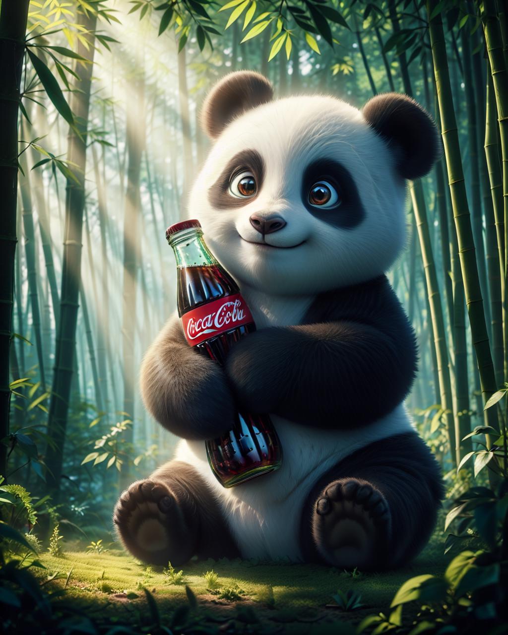 Panda bear holding a coke bottle in a forest - SeaArt AI