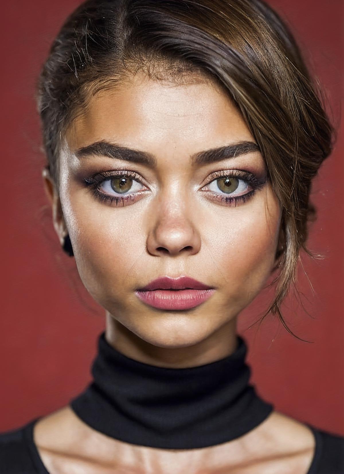 A close up of a woman with a black top and a choke neck - SeaArt AI