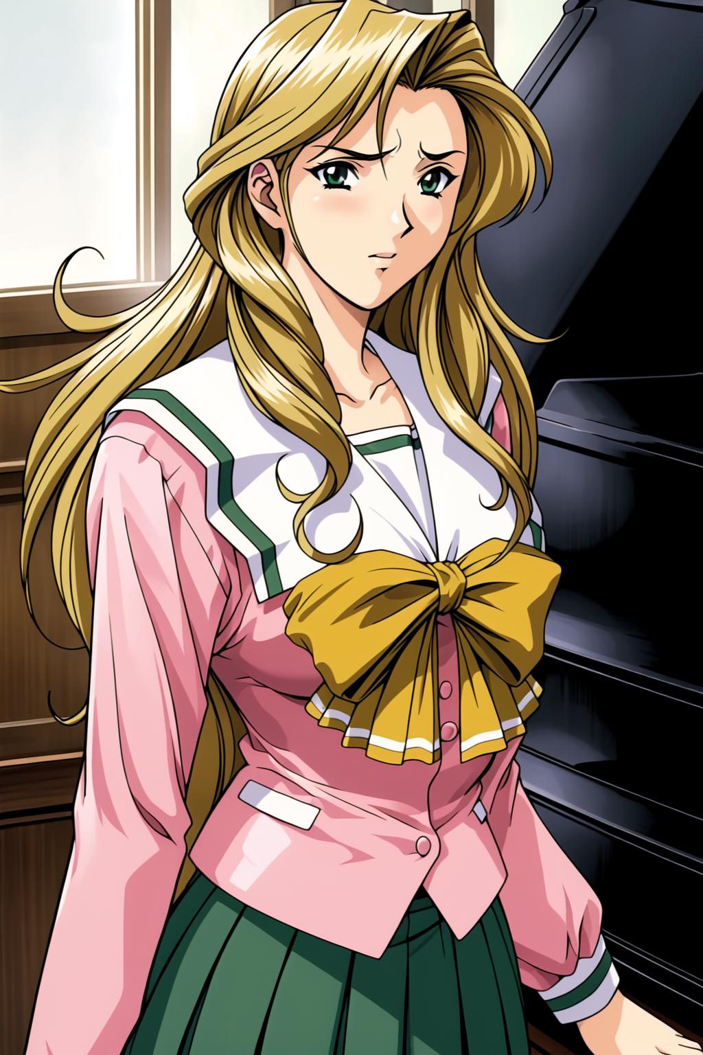 A woman in a school uniform standing next to a piano - SeaArt AI