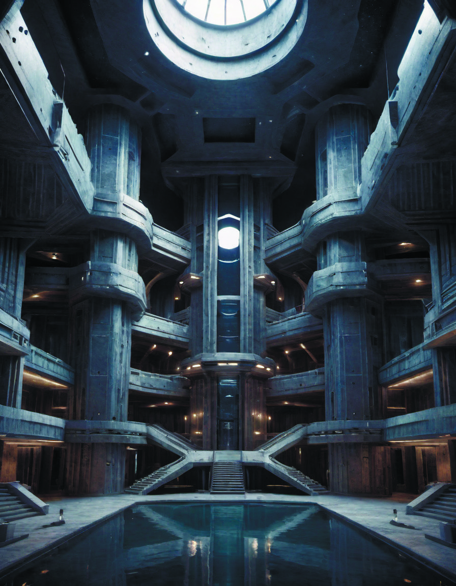 A close up of a pool in a building with a skylight - SeaArt AI