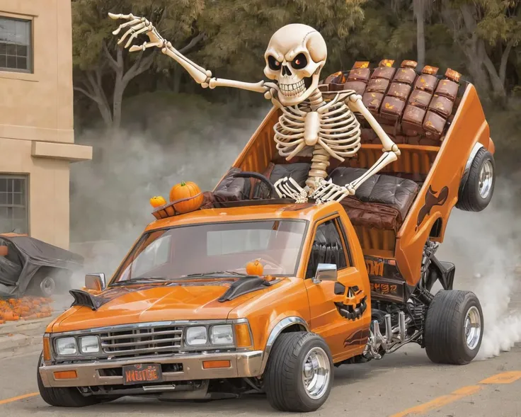 There is a skeleton riding on the back of a truck with a truck bed full ...