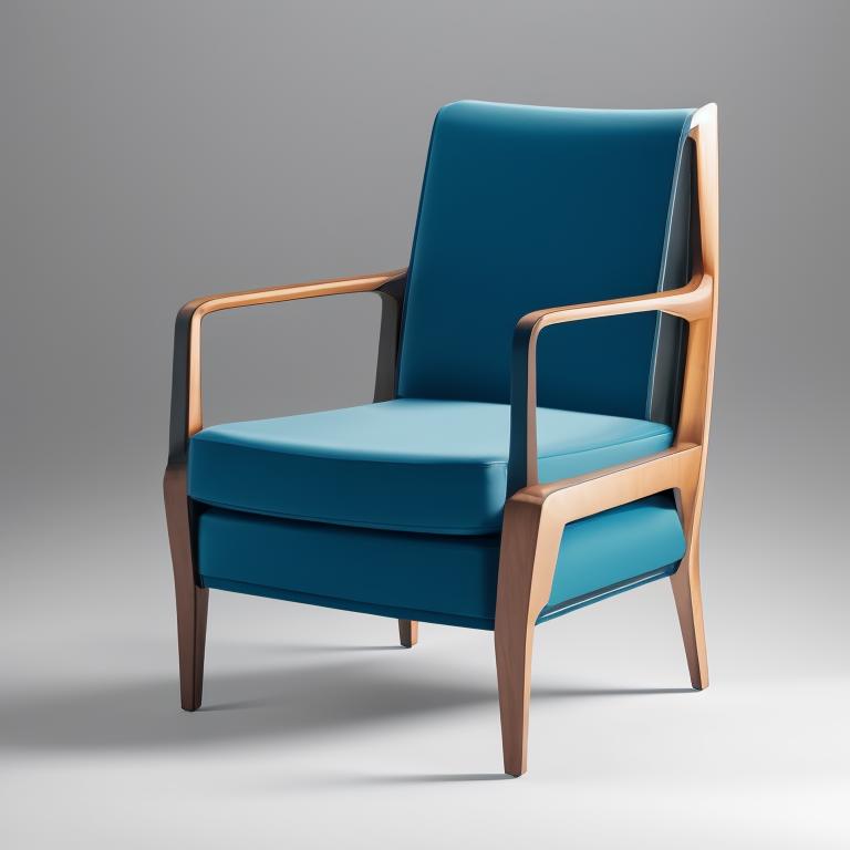 A blue chair with wooden legs and arms and a blue seat - SeaArt AI