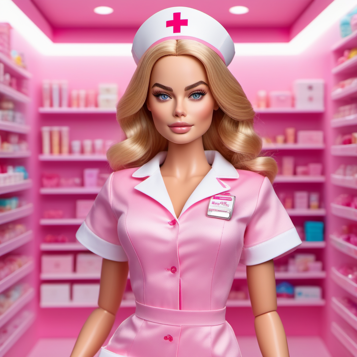 Barbie doll in a pink dress and hat in a pharmacy room - SeaArt AI