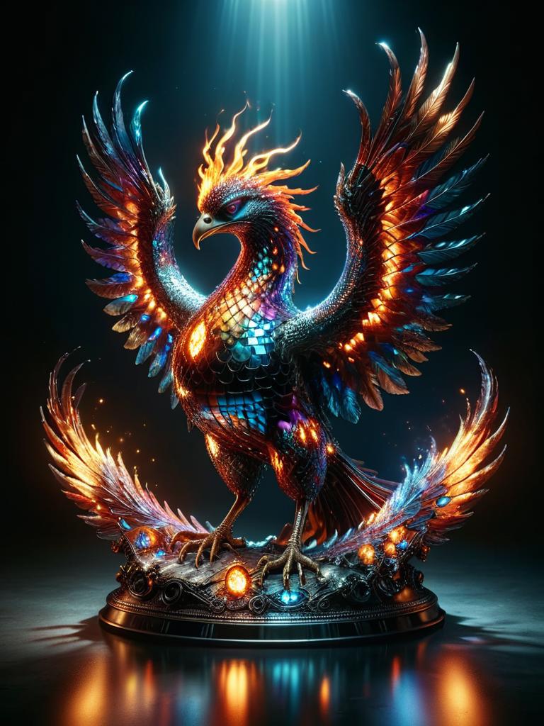 A colorful bird statue with glowing wings on a black background - SeaArt AI