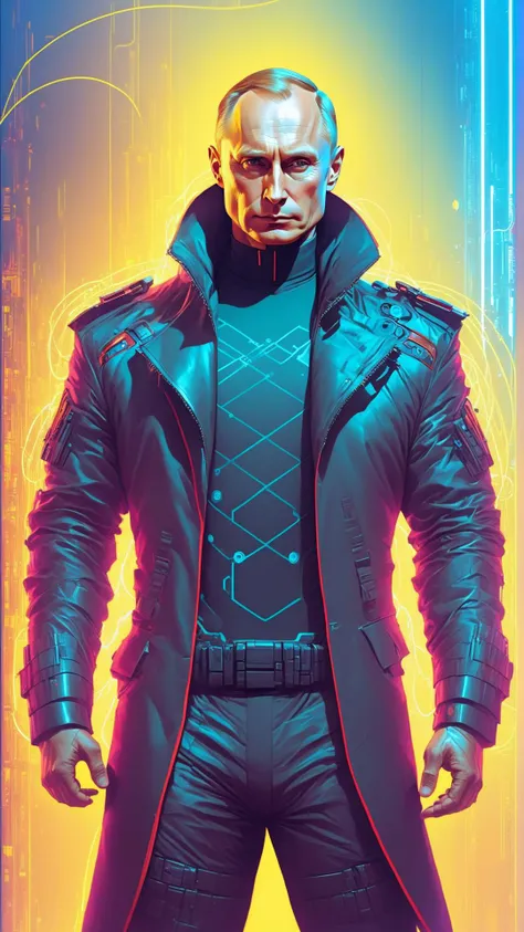 A man in a black coat and a red and yellow background - SeaArt AI