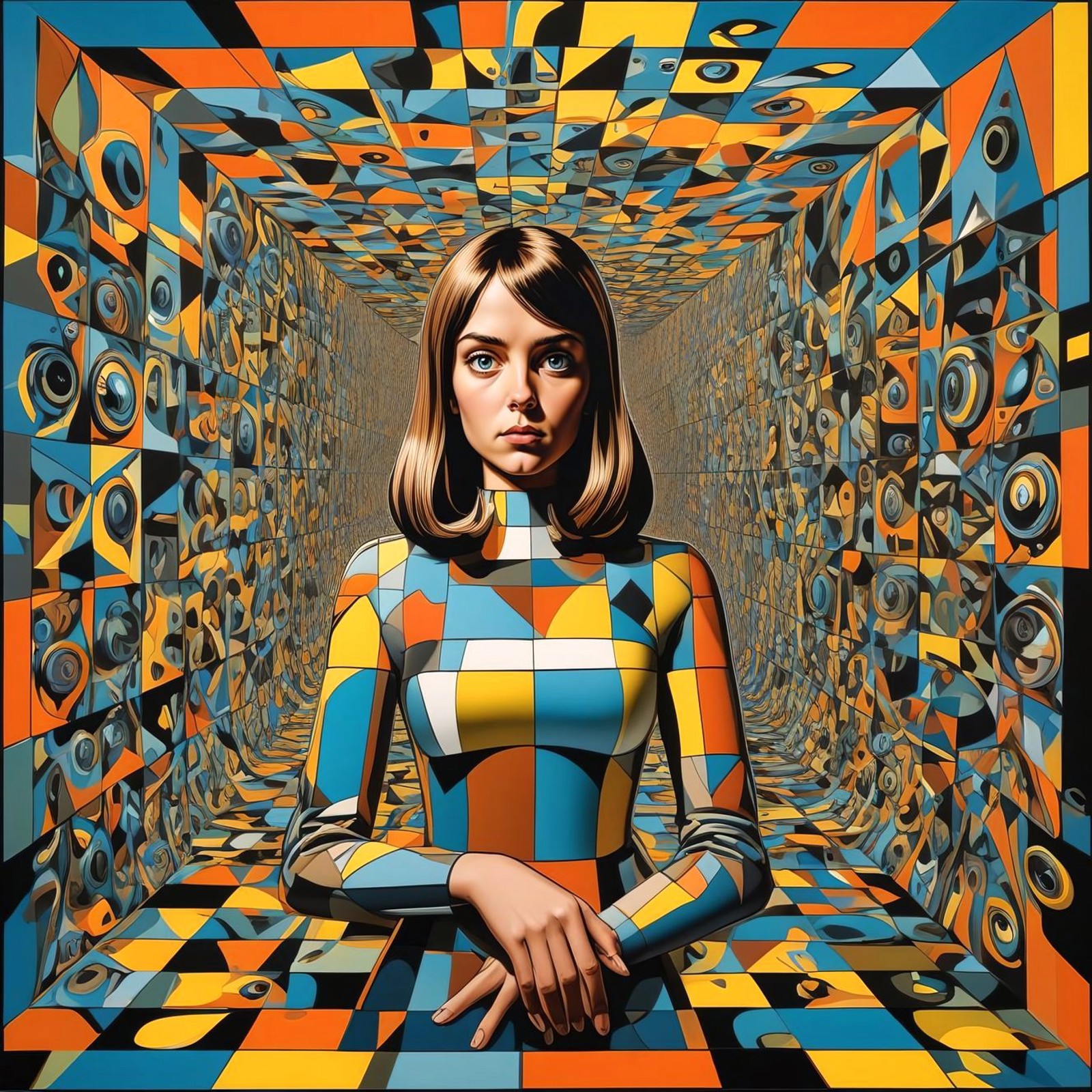 A woman in a colorful dress is standing in a room with a geometric pattern - SeaArt AI