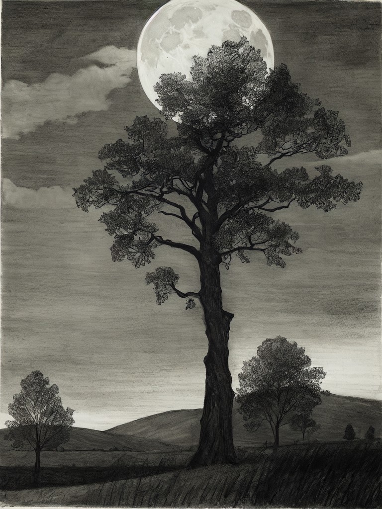 A black and white drawing of a tree with a full moon in the background ...
