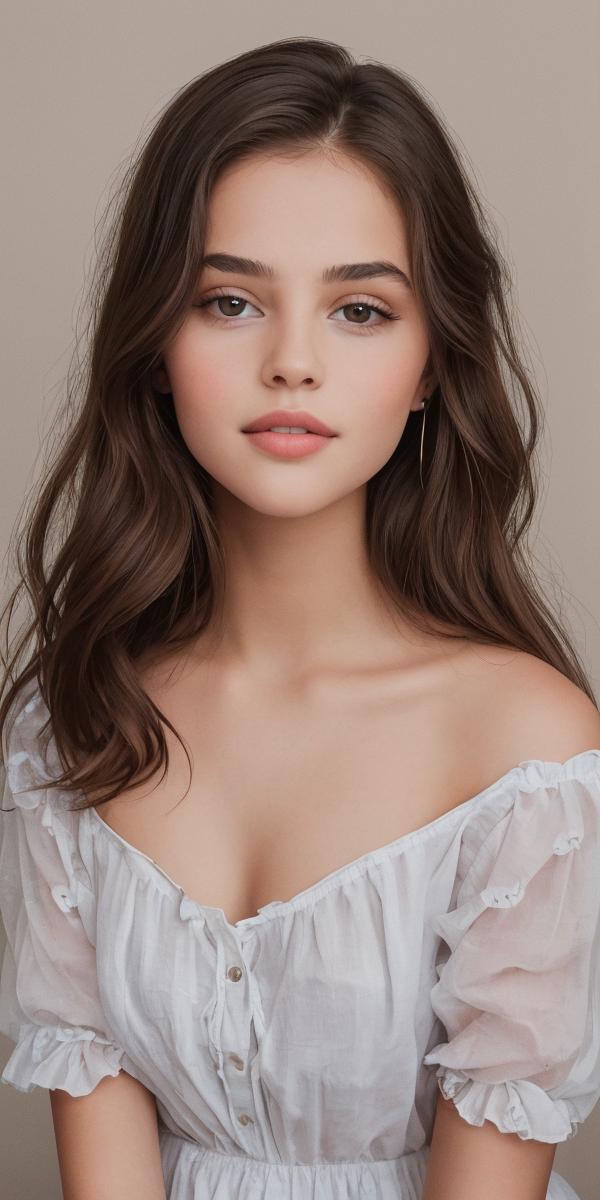 A woman with long hair and a white dress posing for a picture - SeaArt AI