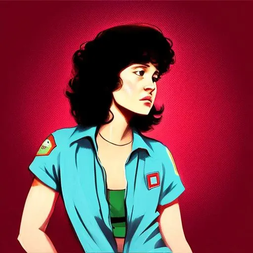 A close up of a woman in a blue shirt and green pants - SeaArt AI