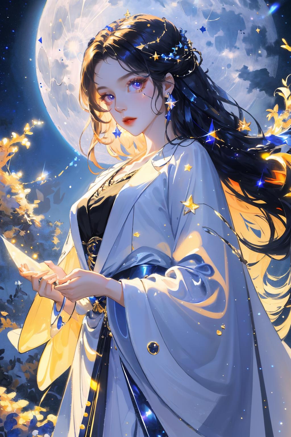 A woman in a white dress holding a yellow flower in front of a full ...