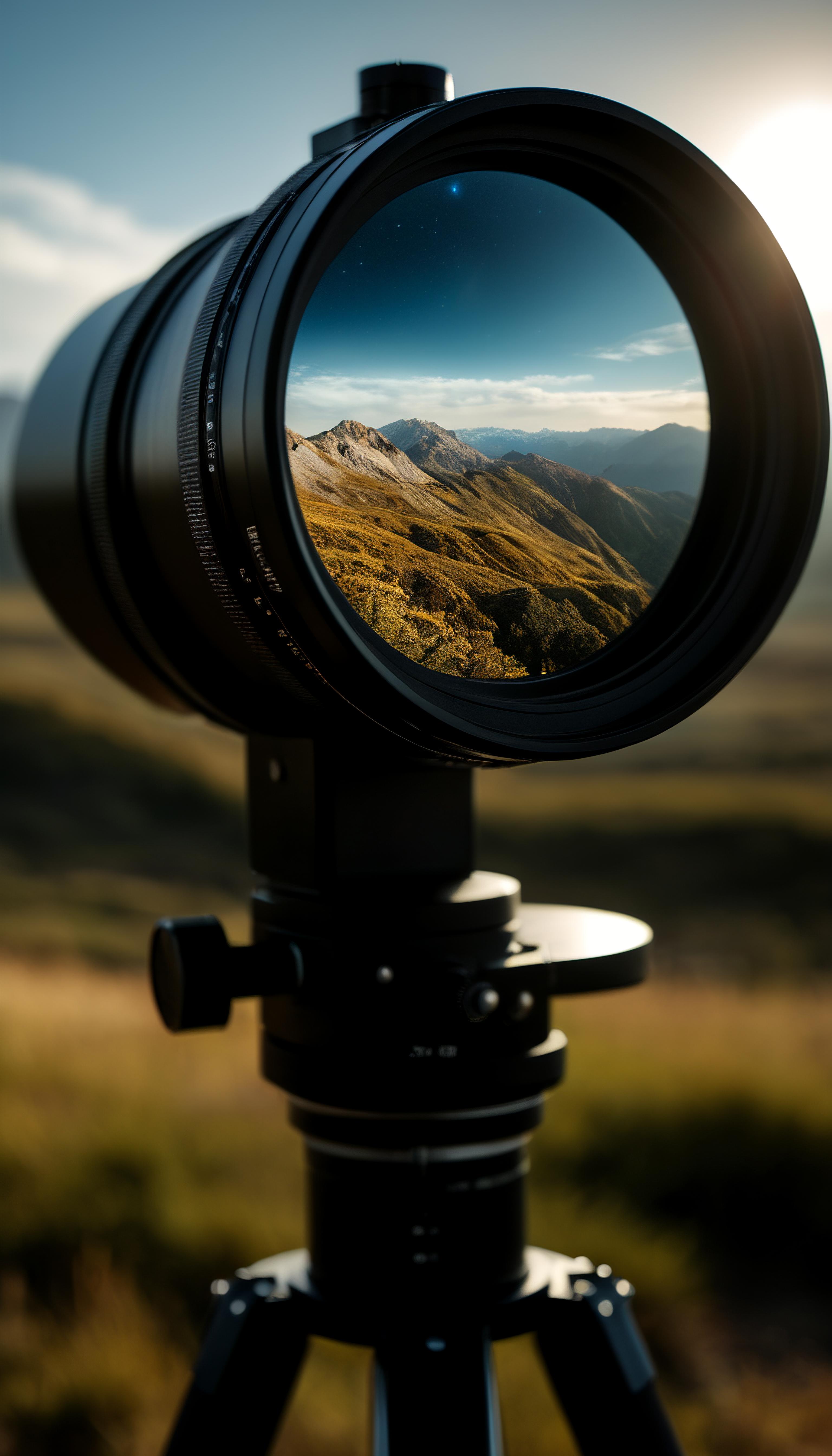 A close up of a camera lens on a tripod with a mountain in the ...