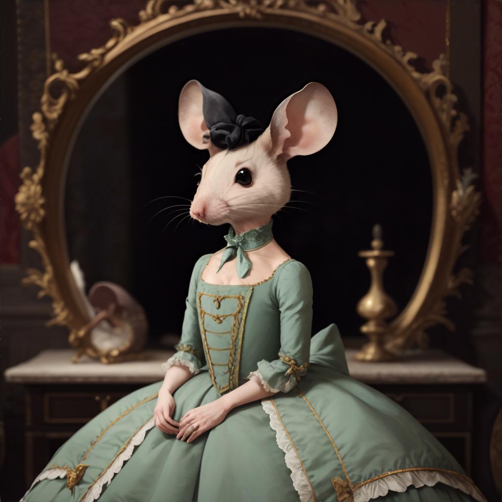A close up of a mouse dressed in a green dress and a black hat - SeaArt AI