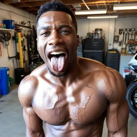 40 years old black man, long tongue out, drool on tongue, uvula - SeaArt AI