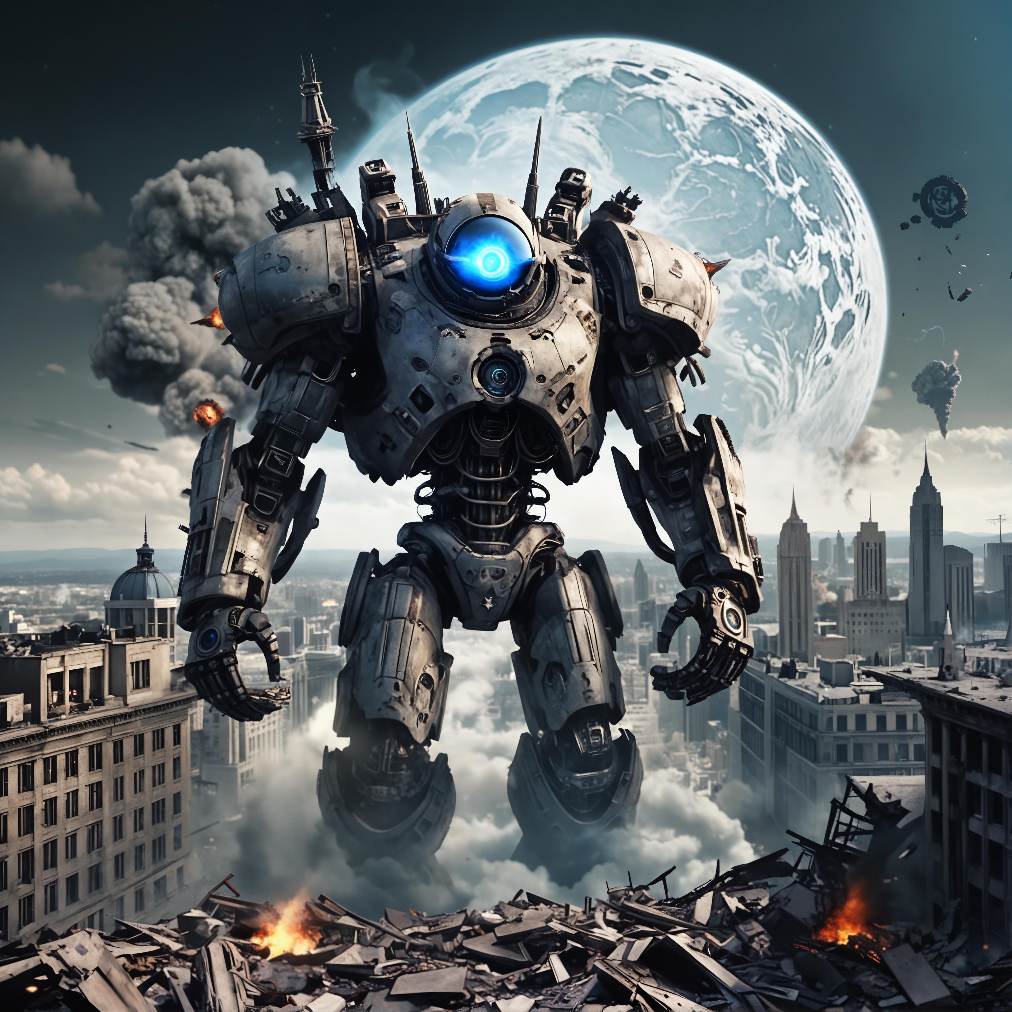 A close up of a robot standing on top of a pile of rubble - SeaArt AI