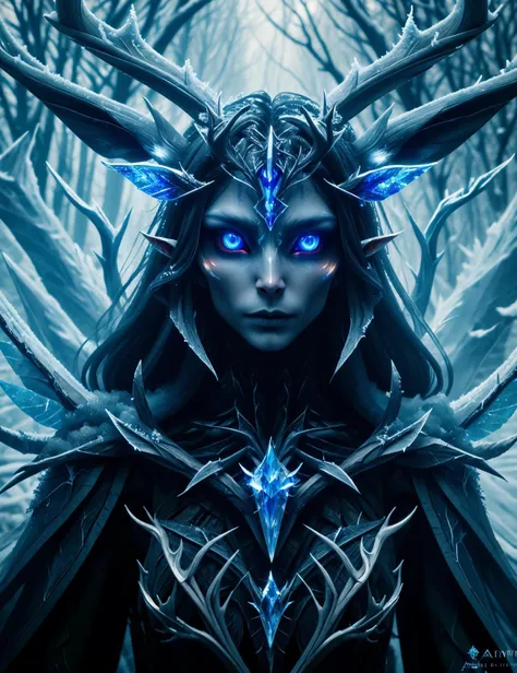 A woman with blue eyes and horns in a forest - SeaArt AI