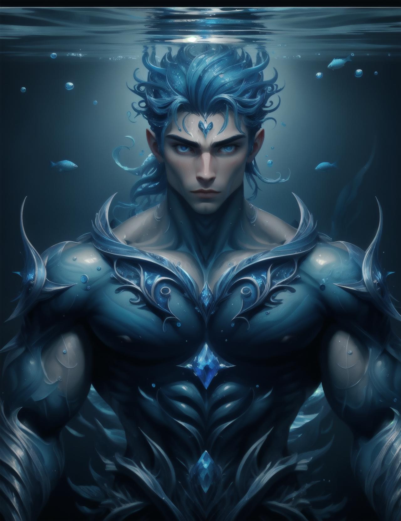 A man with blue hair and a blue body is standing in the water - SeaArt AI