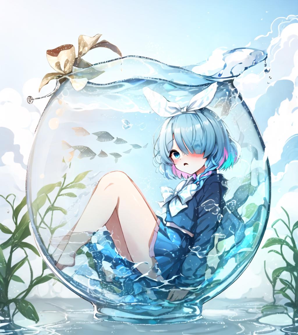 Anime girl sitting in a fish bowl with a fish on the bottom - SeaArt AI