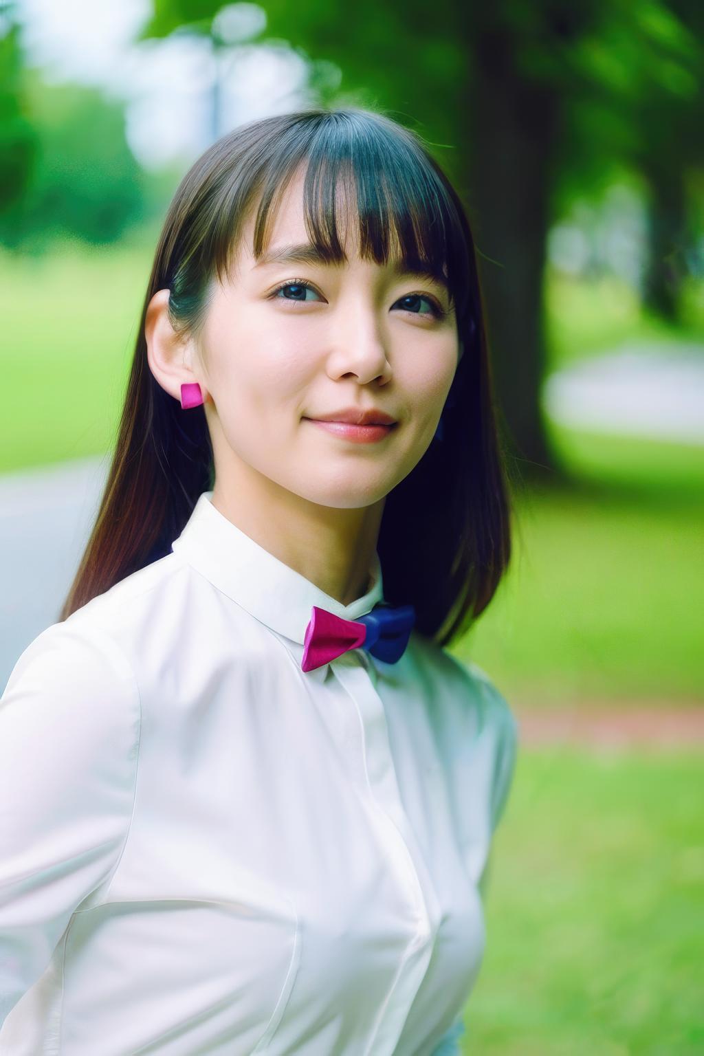 Arafed asian woman in a white shirt and pink bow tie - SeaArt AI