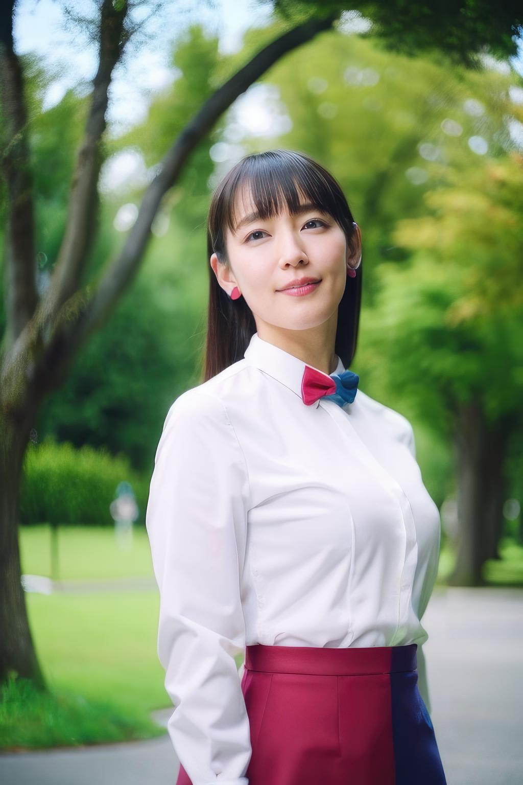 There is a woman in a white shirt and red skirt posing for a picture - SeaArt AI