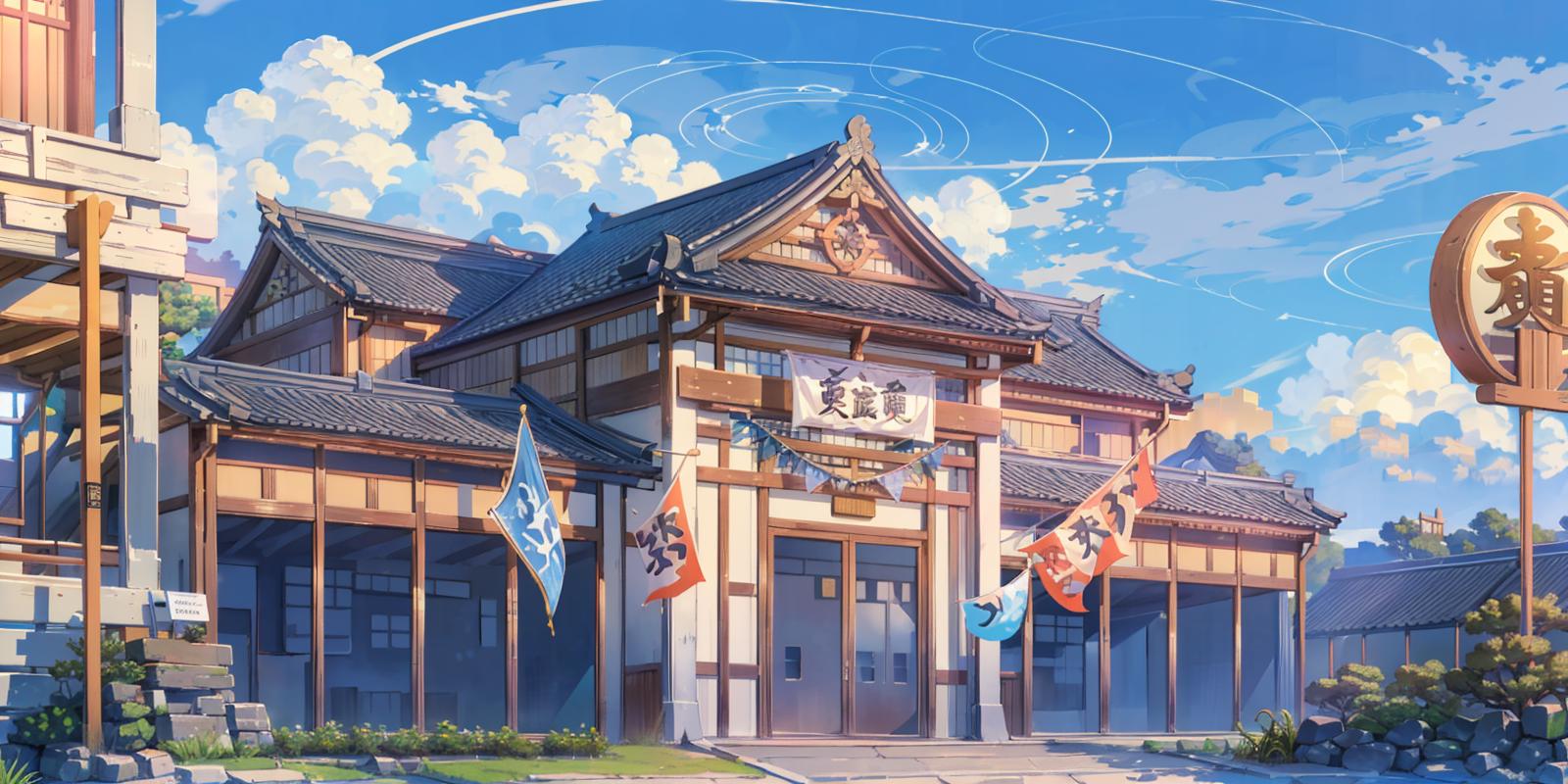 Anime - style building with a lot of flags and a clock - SeaArt AI