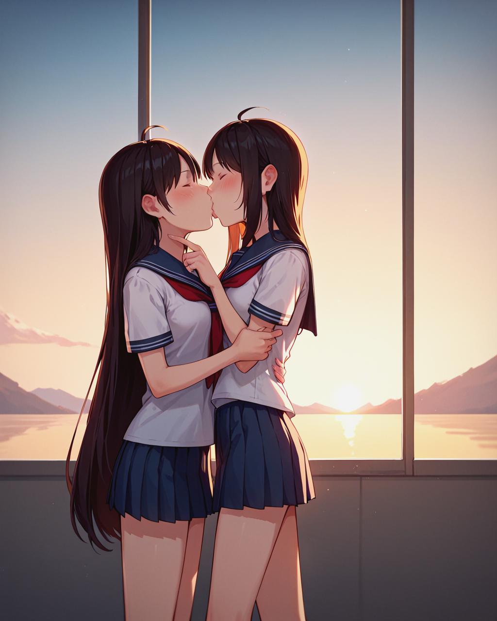Two young women in school uniforms kissing each other in front of a window - SeaArt AI