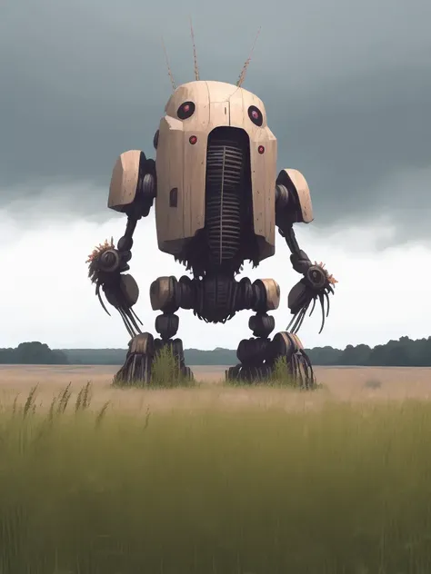 A close up of a robot standing in a field of grass - SeaArt AI