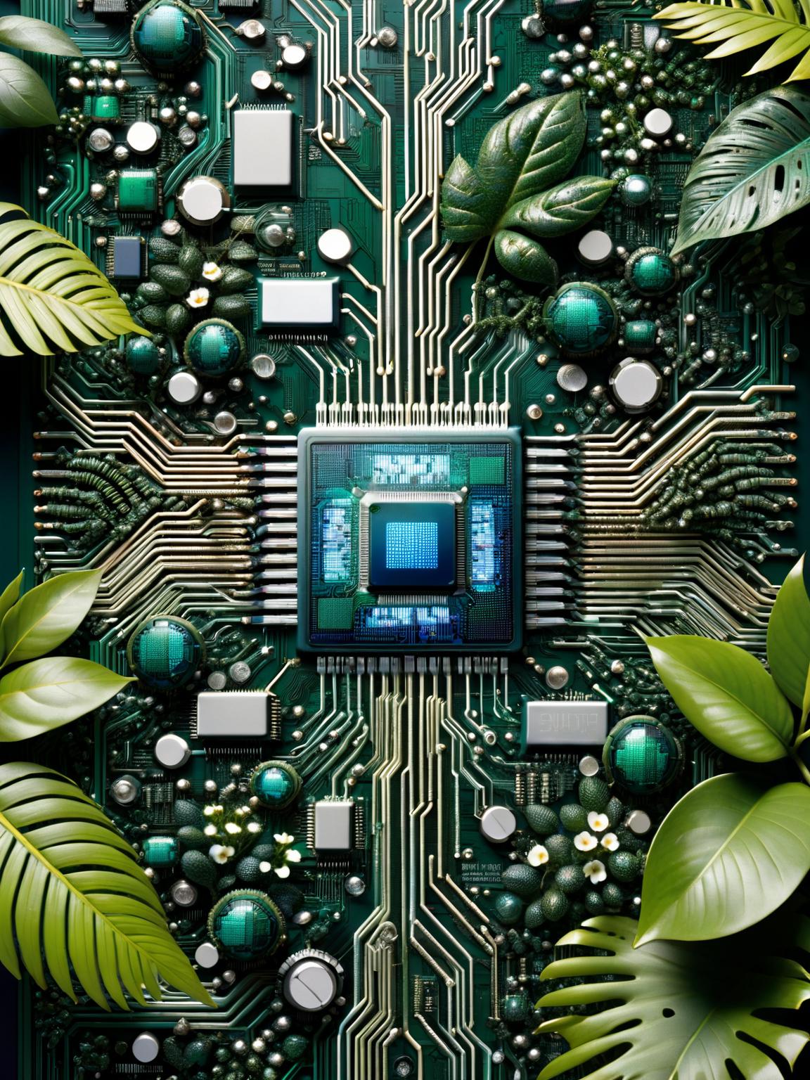 A close up of a computer chip surrounded by plants and leaves - SeaArt AI