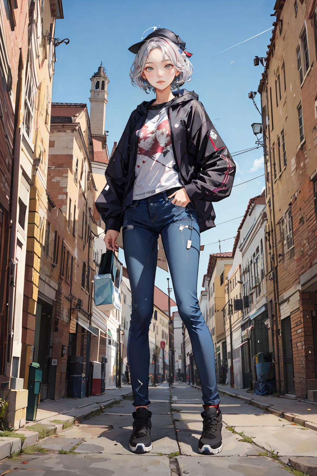 Arafed woman in a black jacket and jeans standing on a street - SeaArt AI