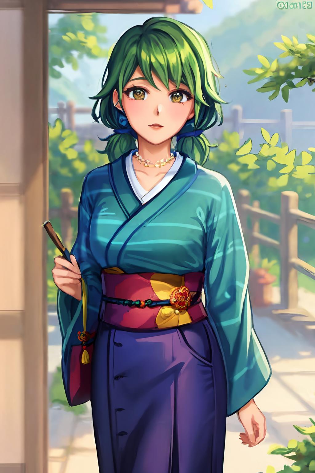 A woman in a kimono outfit holding a cell phone - SeaArt AI
