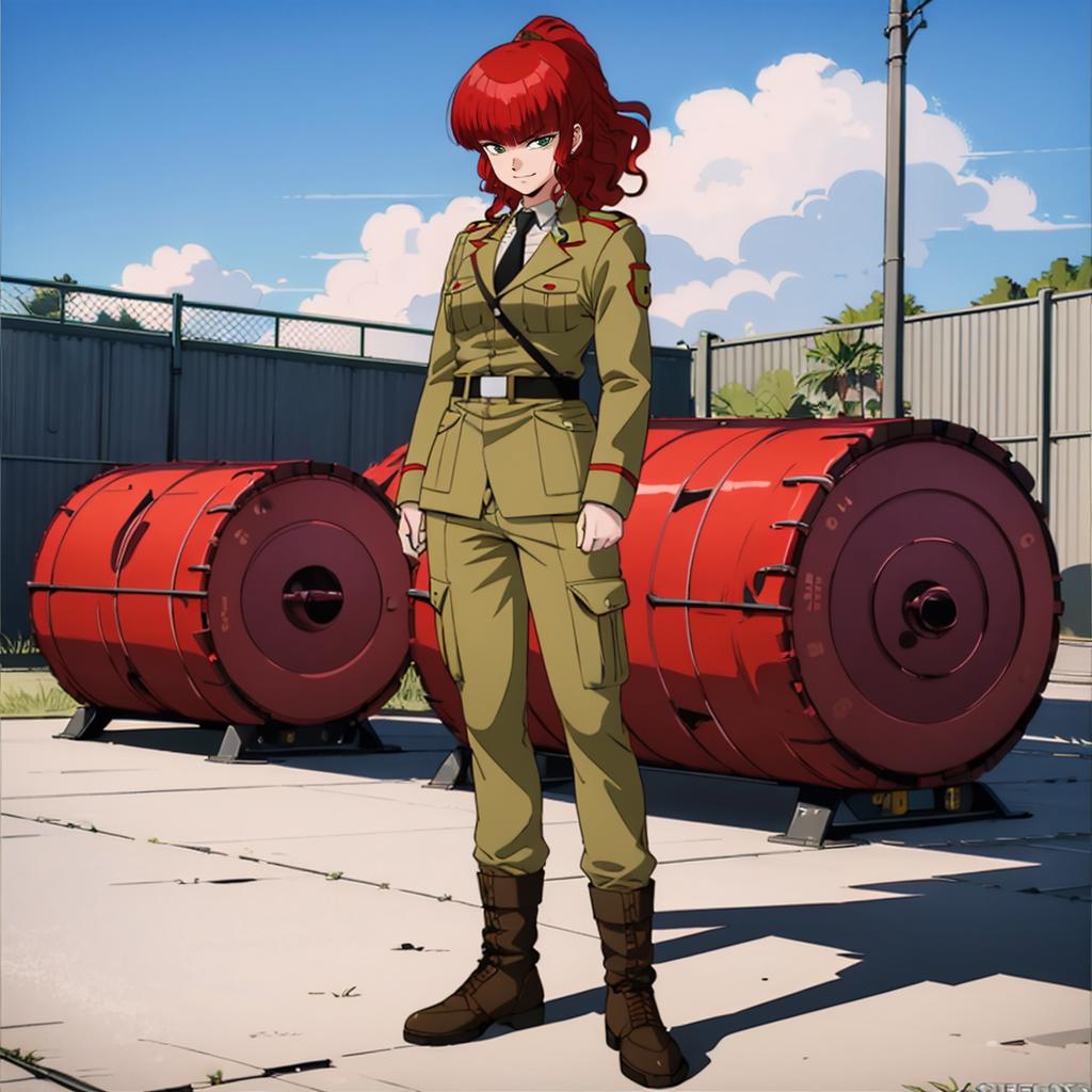 Anime character in uniform standing in front of large red barrels ...
