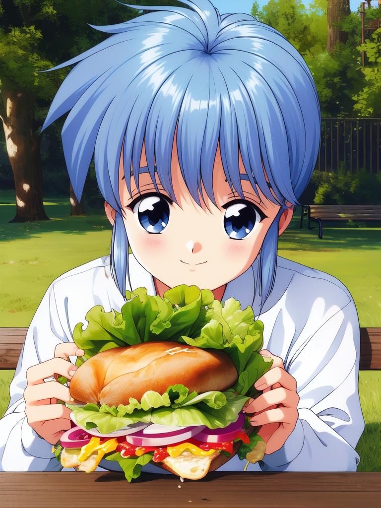 Anime girl eating a sandwich in a park with a bench - SeaArt AI
