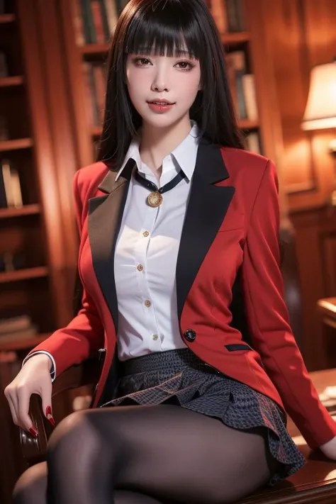 A close up of a woman in a red jacket and black skirt - SeaArt AI