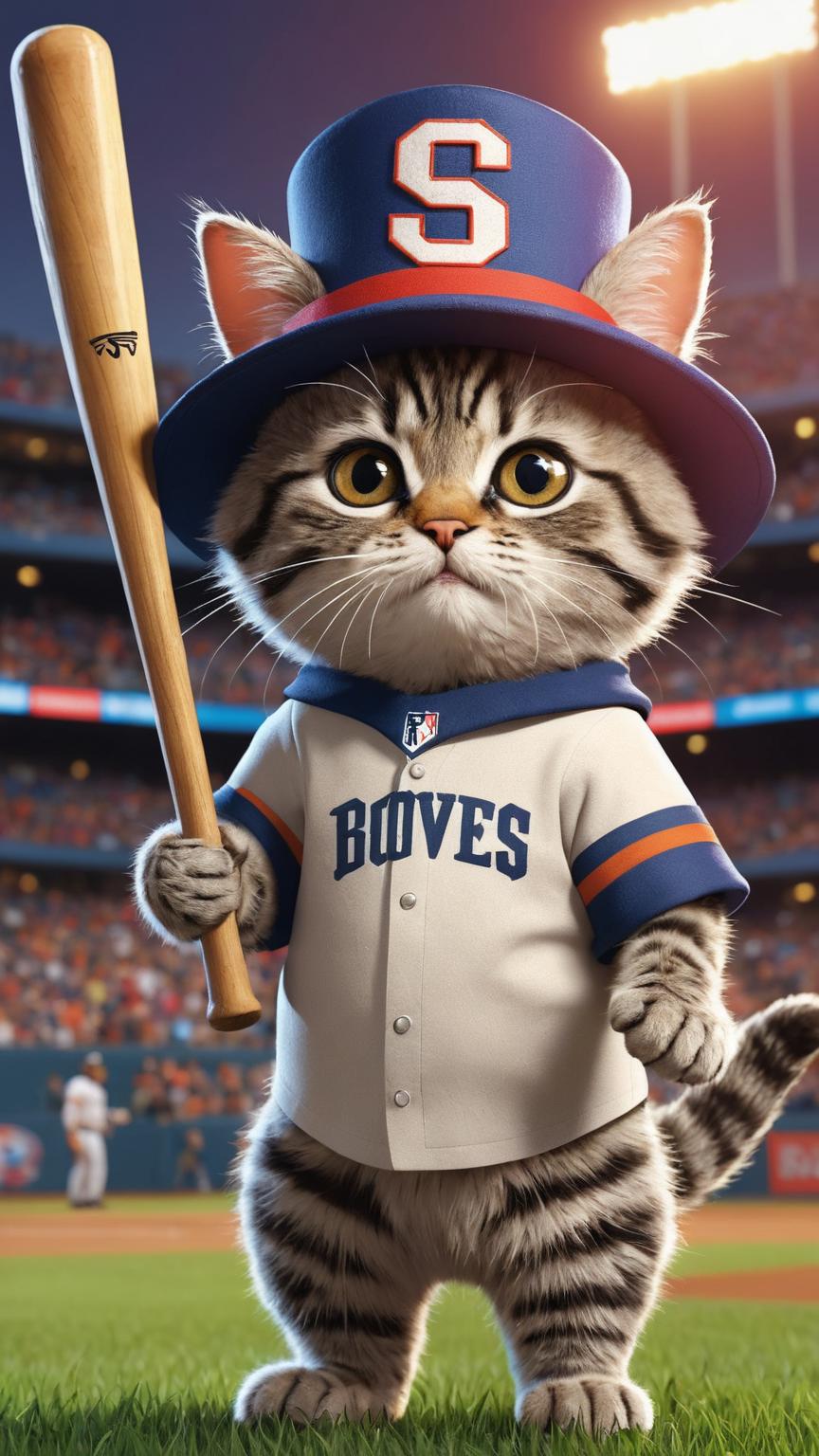 A close up of a cat in a baseball uniform holding a bat - SeaArt AI