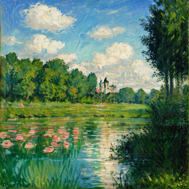 Painting of a river with a house in the distance and a field of flowers ...