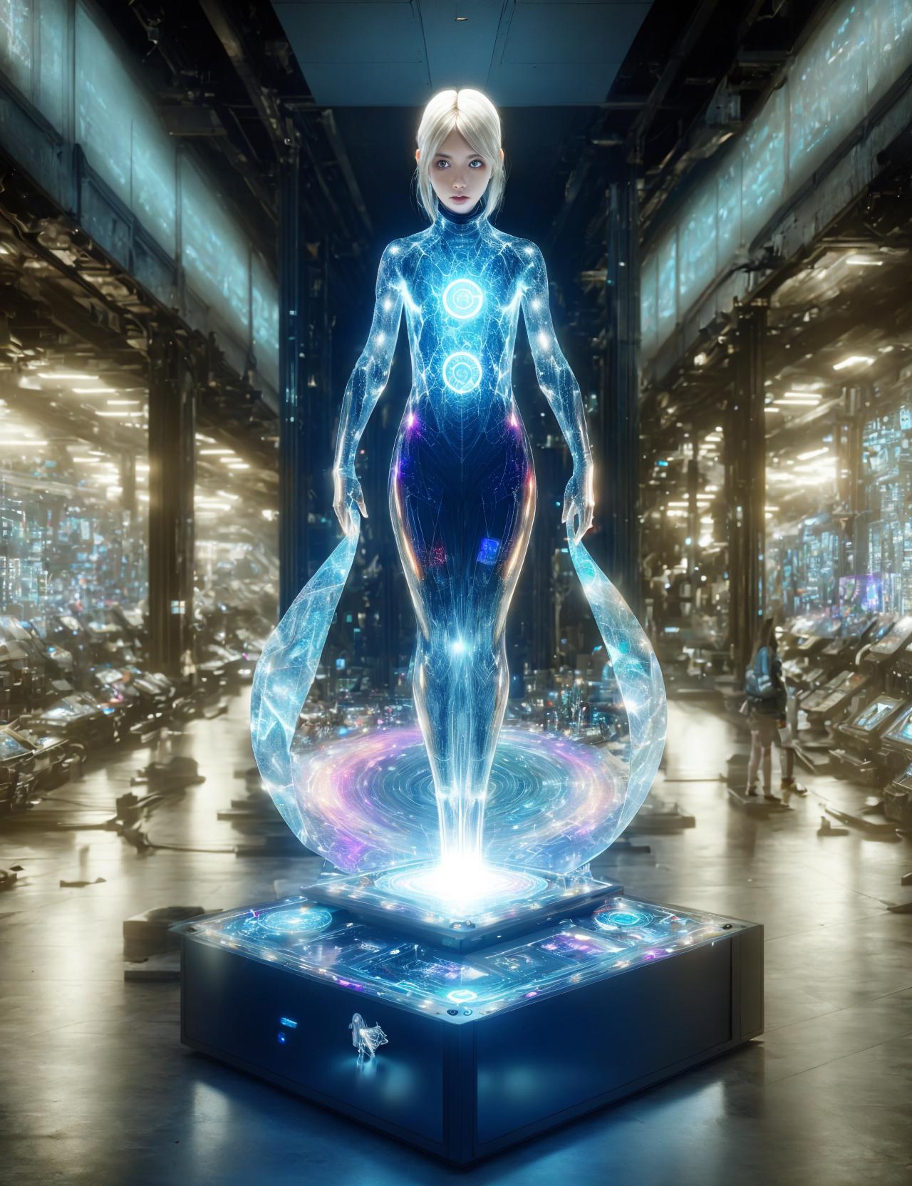 A woman standing in a room with a large blue light - SeaArt AI