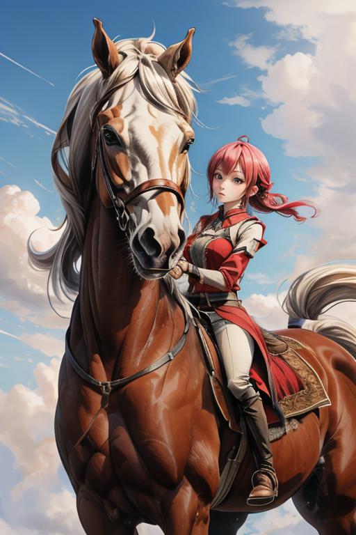 Anime girl riding a horse with a red hair and white tail - SeaArt AI