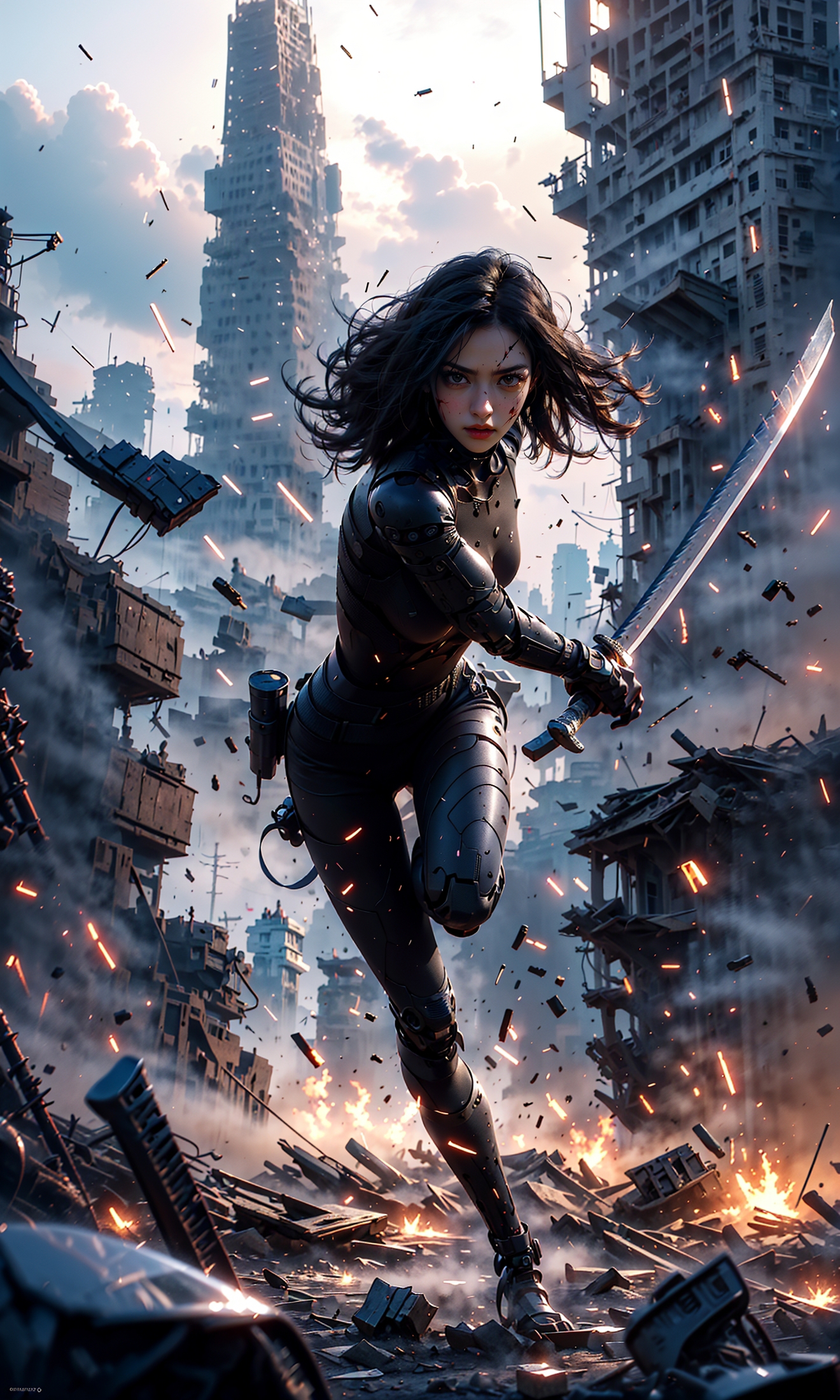 A woman in a black outfit holding a sword in a city - SeaArt AI