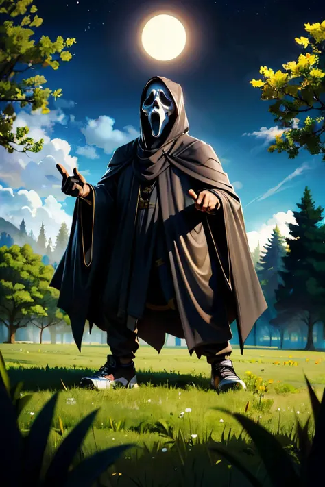 A man in a black cloak and mask standing in a field - SeaArt AI