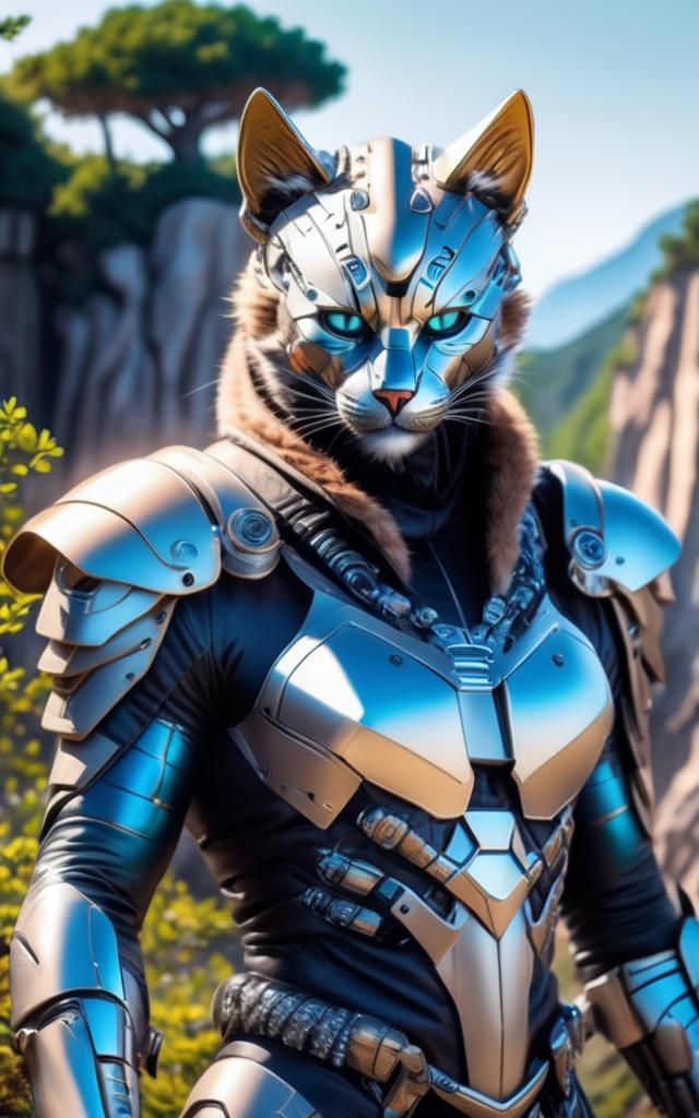 A close up of a cat in armor with a mountain in the background - SeaArt AI