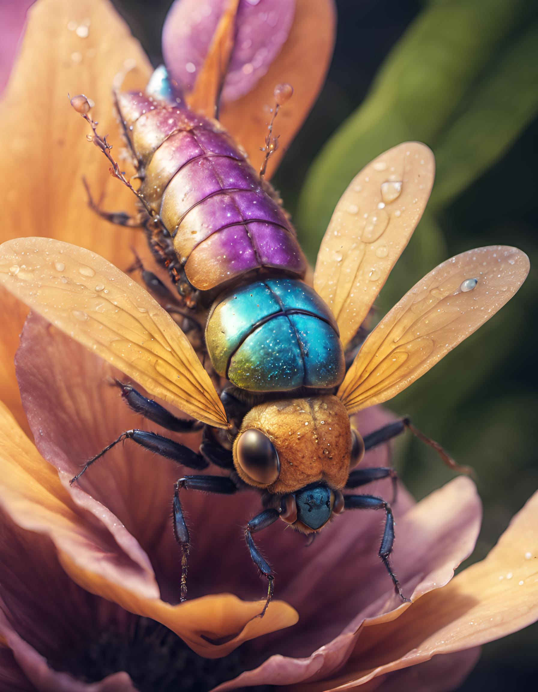 A close up of a colorful insect on a flower with water droplets - SeaArt AI