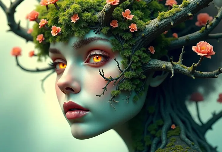 There is a woman with a tree head and flowers on her head - SeaArt AI