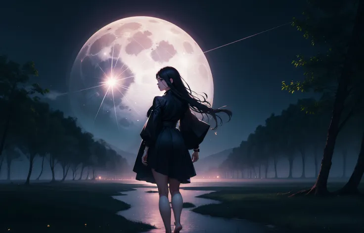 A woman walking in the moonlight with a full moon behind her - SeaArt AI