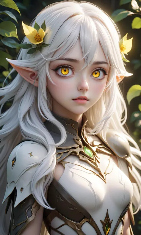 A woman with long white hair and yellow eyes in a forest - SeaArt AI