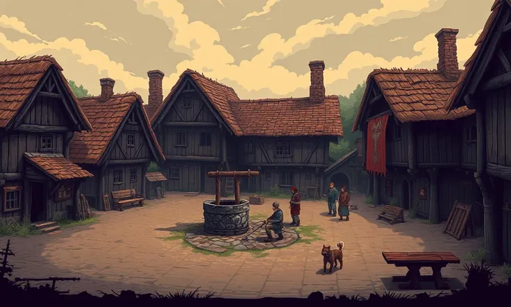 There is a picture of a village with a fountain and benches - SeaArt AI