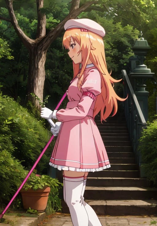 Anime girl in pink dress with pink cane and white hat - SeaArt AI